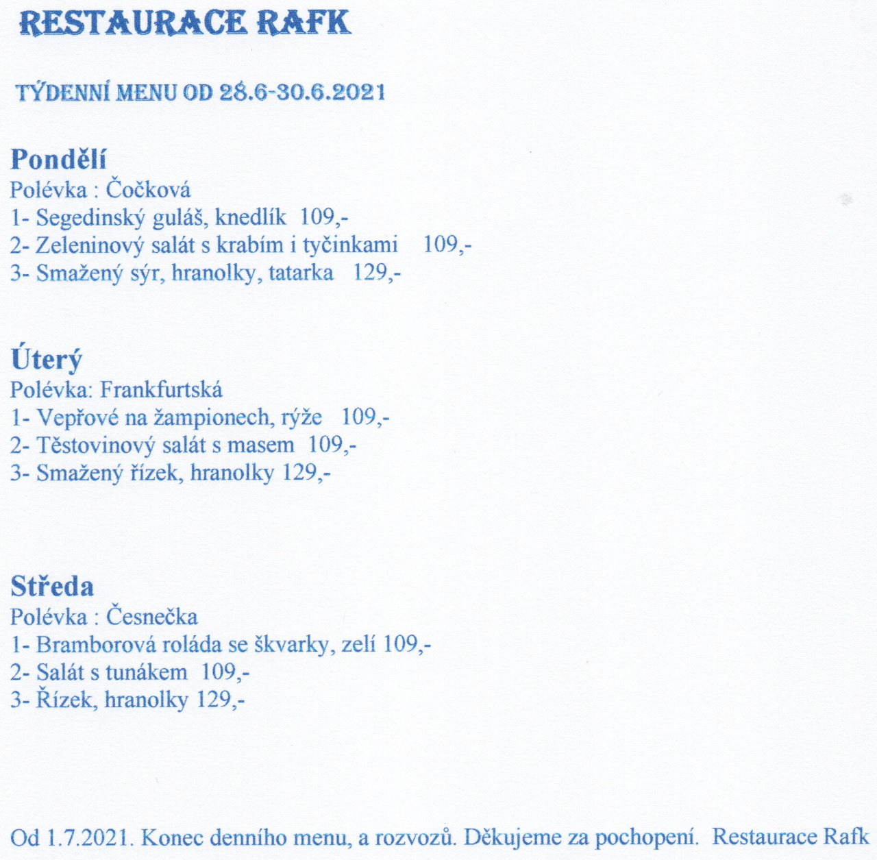 Denní menu :: restaurace rafk